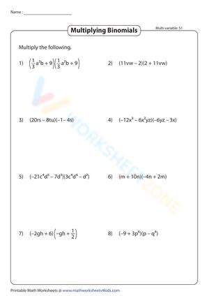 Multiplying Binomials Worksheets