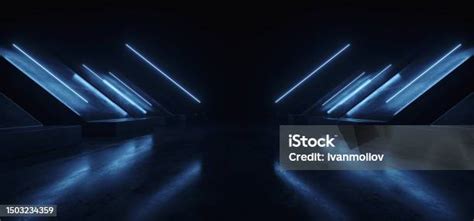 미래 공상 과학 사이버 현대 네온 레이저 전기 블루 라이트 헛간 차고 주차 터널 복도 지하 아스팔트 콘크리트 창고 방 3d 렌더링 0명에 대한 스톡 사진 및 기타 이미지