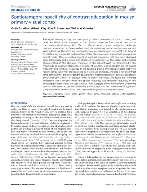 Pdf Spatiotemporal Specificity Of Contrast Adaptation In Mouse