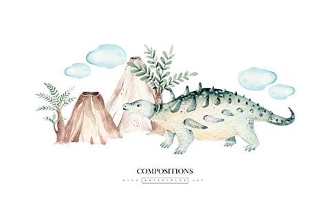 귀여운 만화 아기 공룡 컬렉션 수채화 베이비 샤워 초대 보육 포스터 장식에 대한 흰색 배경에 고립 된 손으로 그린 공룡 렉스 아이들 재미있는 예술 0명에 대한 스톡 벡터