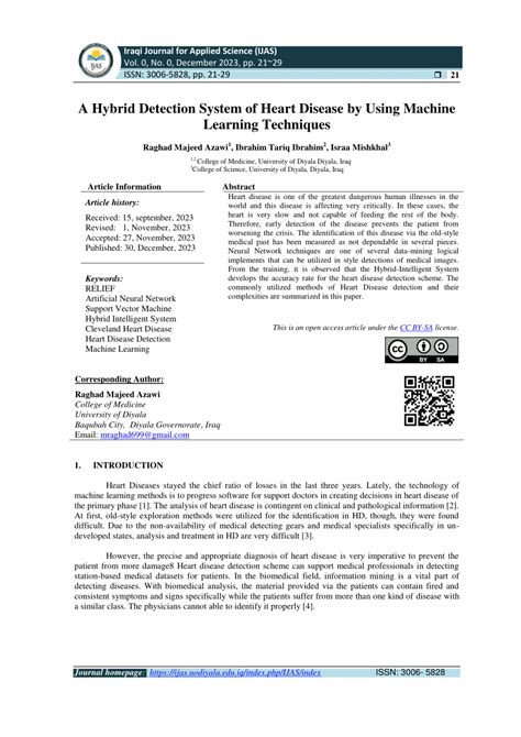 Pdf A Hybrid Detection System Of Heart Disease By Using Machine Learning Techniques