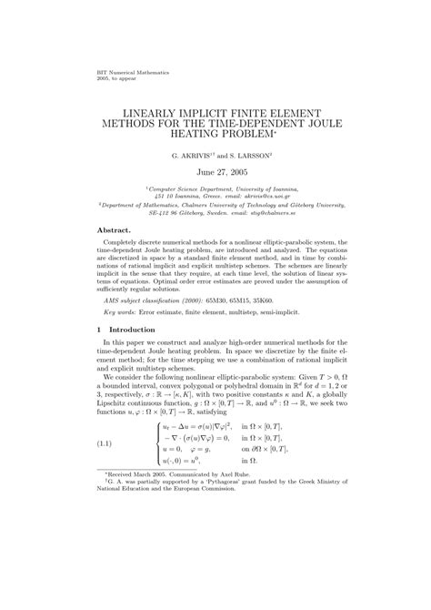 Pdf Linearly Implicit Finite Element Methods For The Time Dependent Joule Heating Problem