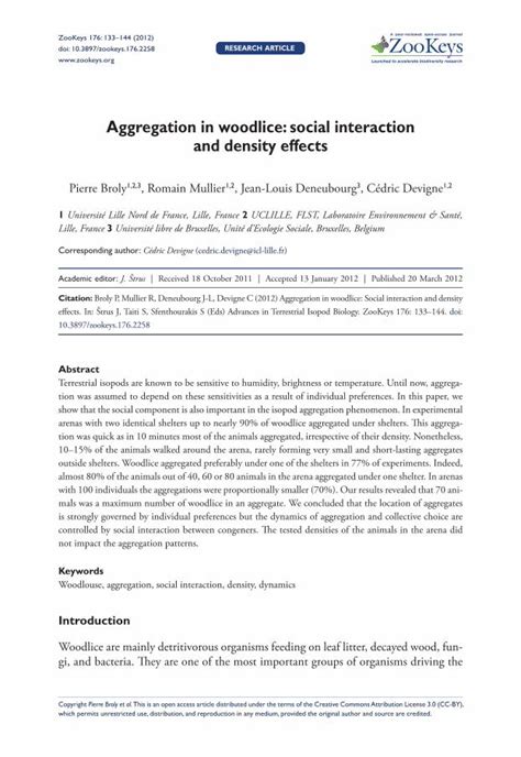 Pdf Aggregation In Woodlice Social Interaction And Density Effects