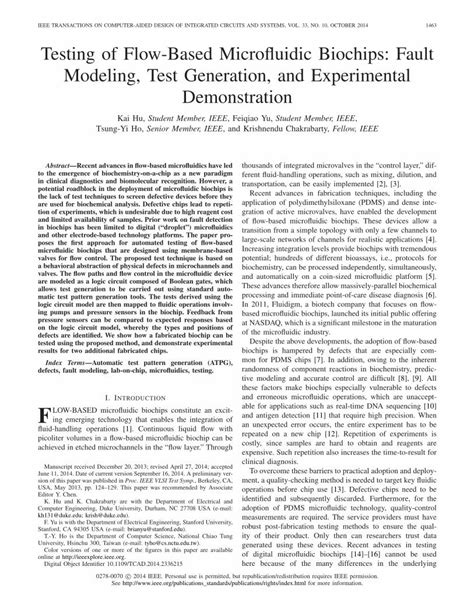 pdf testing of flow based microfluidic biochips fault modeling test