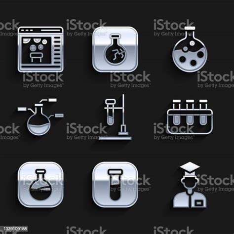 테스트 튜브 플라스크를 불에 세우고 실험실 도우미 및 화학 온라인 아이콘을 설정합니다 벡터 건강 검진에 대한 스톡 벡터 아트 및 기타 이미지 Istock