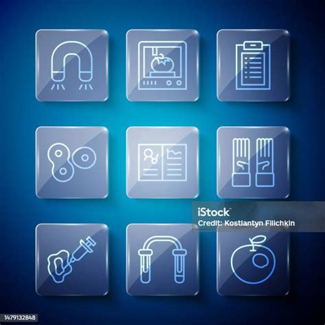 세트 라인 주사기 시험관 및 플라스크 유전자 변형 사과 임상 기록 세포 분열 자석 및 의료용 고무 장갑 아이콘 벡터 Dna에 대한 스톡 벡터 아트 및 기타 이미지 Istock