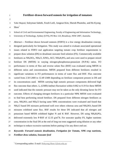 Pdf Au · 1 Fertilizer Drawn Forward Osmosis For Irrigation Of Tomatoes 2 3
