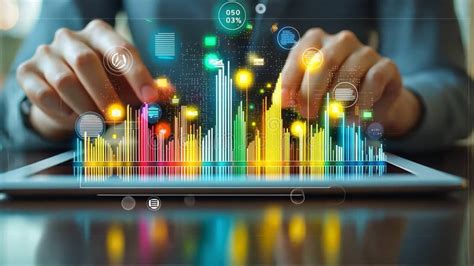 Hands Engaging With Tablet For Colorful Data Visualization And Graphs Showcasing Technology And