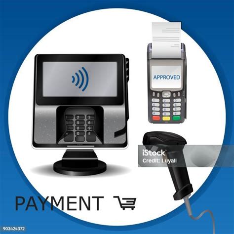 비접촉 식 지불 트랜잭션 디스플레이 Pin 패드 터미널 무선 결제입니다 Pos 단말기 Msr Emv Nfc 및 레이저 바코드 스캐너 벡터입니다 금전 등록기에 대한 스톡 벡터