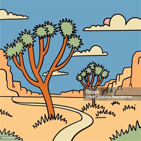 첫 번째 계획에는 유카가 있고 배경에는 성 산이 있는 사막 풍경이 있는 조슈아 트리 국립공원 손으로 그린 선형 벡터 그림입니다