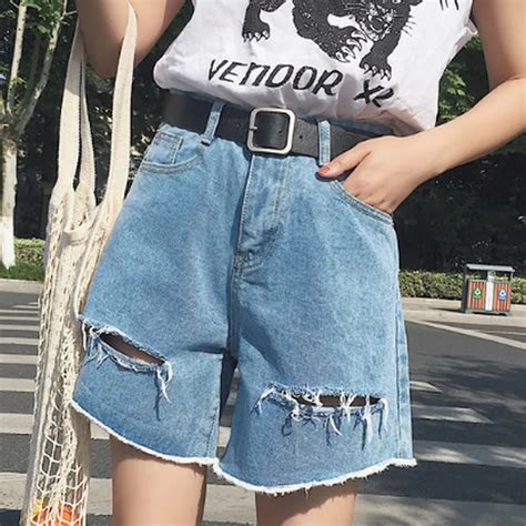 2019 Summer Casual Loose High Waist Hole Female Denim Shorts Korean