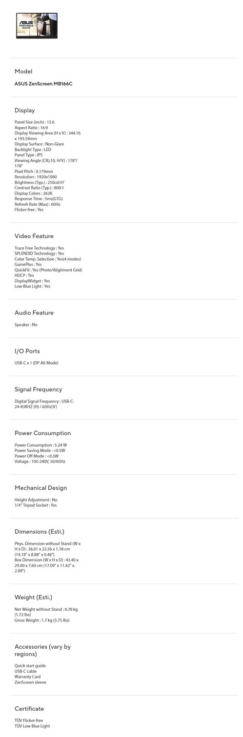 Asus Zenscreen Mb C Portable Ips Usb C Monitor Mb C Mwave