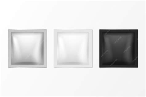 벡터 3d 현실적인 호일 흰색과 검은색 사각형 슬림 빈 포장 아이콘 세트 근접 촬영 격리 된 커피 차 소금 설탕 향신료 젖은 닦아 래퍼 향 주머니 디자인 서식 파일 포장