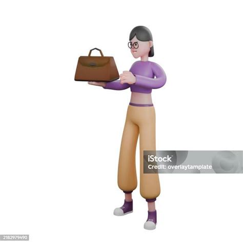 만화 스타일의 3d 댄서 캐릭터 여성 무용수가 오른손으로 서류 가방을 들고 서 있고 왼손은 가방을 만지고 싶어합니다 표현적 댄서에 대한 스톡 사진 및 기타 이미지 Istock