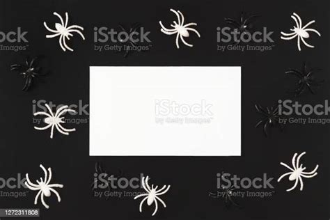만화 할로윈 배경 흰색 종이 검은 배경에 검은 색과 흰색 거미와 공백 공간을 복사합니다 플랫 레이 스타일 개념에 대한 스톡 사진 및 기타 이미지 Istock