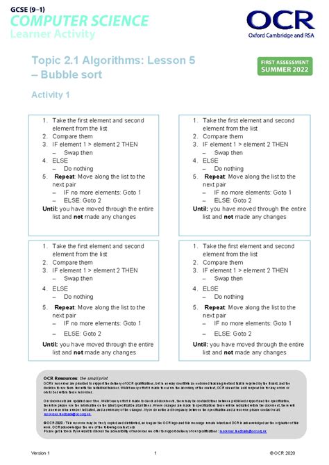 [49388 ]14 Algorithms L5 Activity 1 V1 Topic 2 Algorithms Lesson 5 Bubble Sort Activity 1