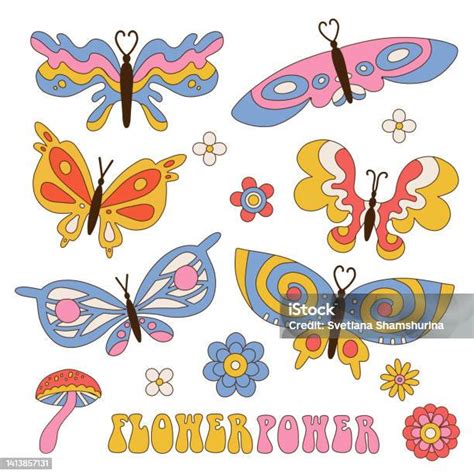 나비 그루비 스티커 1970 년대 세트 빈티지 히피 나비와 꽃 컬렉션 밝은 윤곽선 디자인 선형 손으로 그린 벡터 일러스트레이션 나비에 대한 스톡 벡터 아트 및 기타 이미지