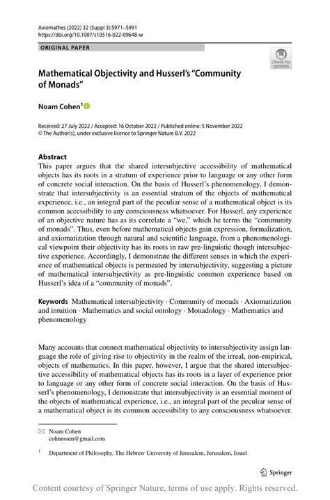 mathematical objectivity and husserl s “community of monads” request pdf