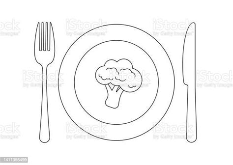 플레이트 나이프 포크와 브로콜리 라인 아트 아이콘 세트는 흰색 배경에 고립되어 있습니다 0명에 대한 스톡 벡터 아트 및 기타 이미지 0명 개체 그룹 건강한 생활방식