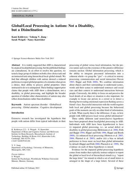 Pdf Global Local Visual Processing In Autism Not A Disability But A Disinclination