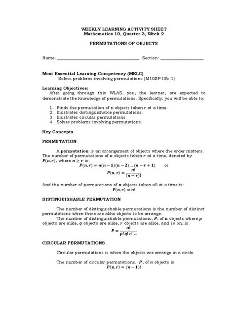Math10 Q3 W2 Pdf Quadratic Equation Permutation