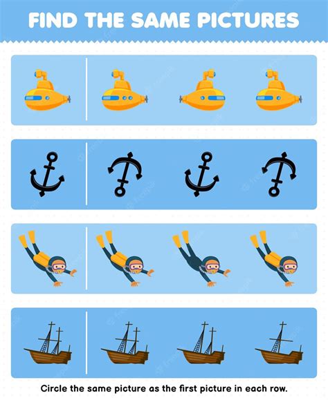 어린이를 위한 교육 게임은 귀여운 만화 잠수함 앵커 다이버 난파선 인쇄 가능한 수중 워크시트의 각 행에서 동일한 그림을 찾습니다 프리미엄 벡터