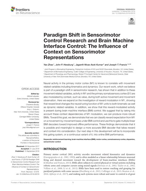 Pdf Paradigm Shift In Sensorimotor Control Research And Brain Machine Interface Control The