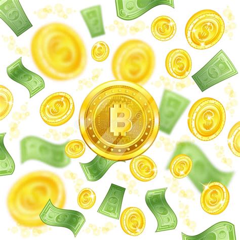 Golden Bit Coin In The Center Of Flying Coins And Bamknotes With Depth
