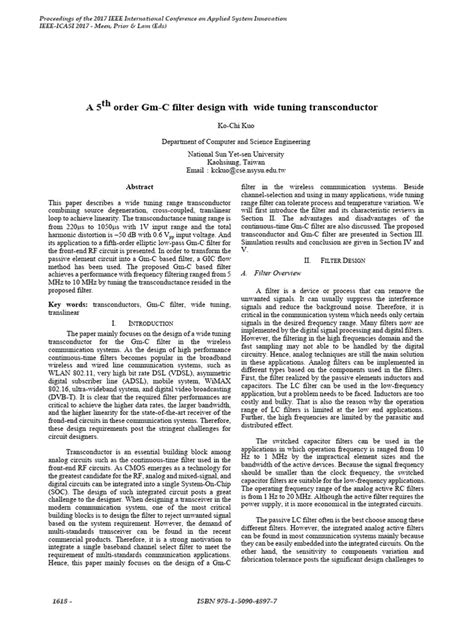 A 5th Order Gm C Filter Design With Wide Tuning Transconductor Pdf Electronic Filter