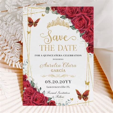 Red Roses Gold Butterflies Quinceanera Sweet 16 Save The Date Zazzle