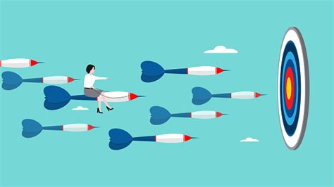 비즈니스 또는 마케팅 타겟 전략 타겟 고객 목표 올바른 타겟 고객에게 제품 또는 프로모션 소개 사업가 컨트롤 다트를 통해 완벽한 타겟에 도달 개념에 대한 스톡 벡터 아트 및