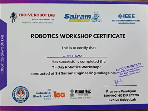 Akshaya S On Linkedin Robotics Workshop Certificate Techskills