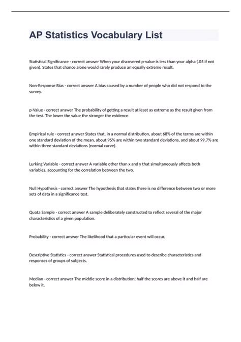 Ap Statistics Vocabulary List Question And Answers Correctly Solved 20232024 Ap Statistics