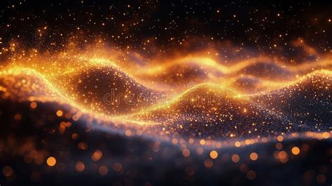 Sparkling Waves Of Golden Particles Create A Mesmerizing Visual Effect In Dark Background Stock