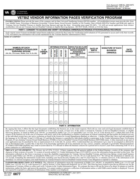 VA Form 0877 Vetbiz Vendor Information Pages Verification Program VA Forms