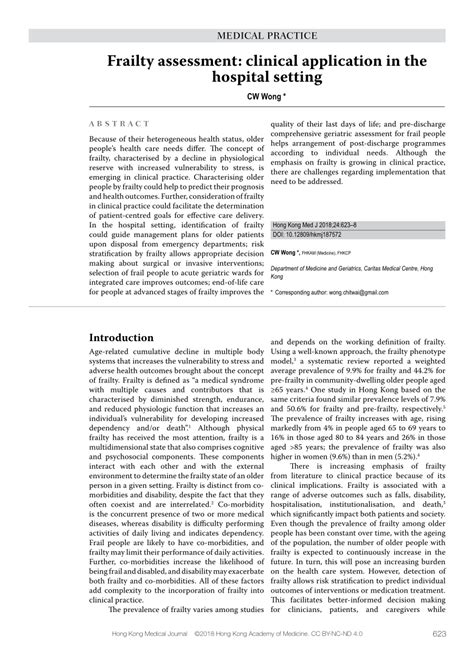 Pdf Frailty Assessment Clinical Application In The Hospital Setting