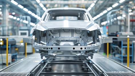 A Car Factory Assembly Line A White Car Body Is Moving Down The Line