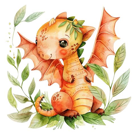 تنين لطيف بأوراق الشجر تنين جذاب شخصية طفل Png صورة للتحميل مجانا