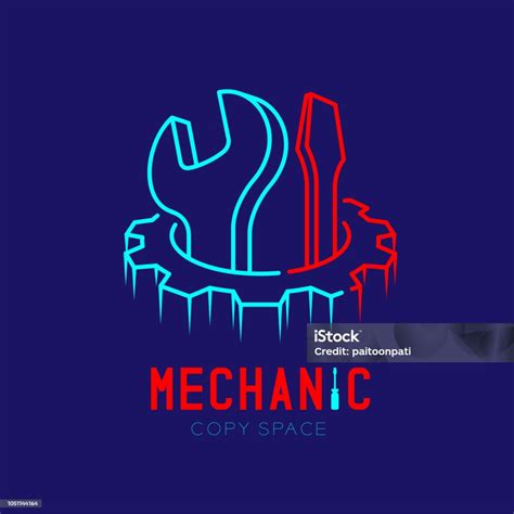 정비사 로고 아이콘 렌치 및 드라이버 기어 프레임 개요 스트로크 설정된 대시 라인 디자인 그림 정비공 텍스트와 복사 공간 벡터 Eps 10와 어두운 파란색 배경에 고립 건설