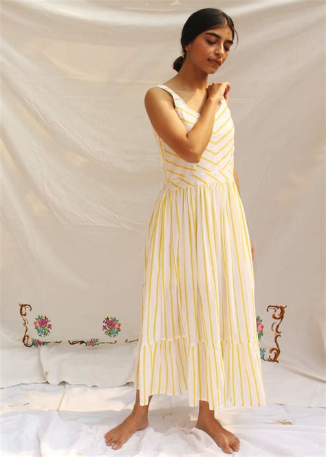 Get Yellow Striped Sleeveless Maxi Dress At ₹ 1875 Lbb Shop