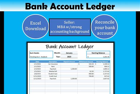 Bank Account Ledger Bank Reconciliation Excel Spreadsheet Financial Planning Tool Money