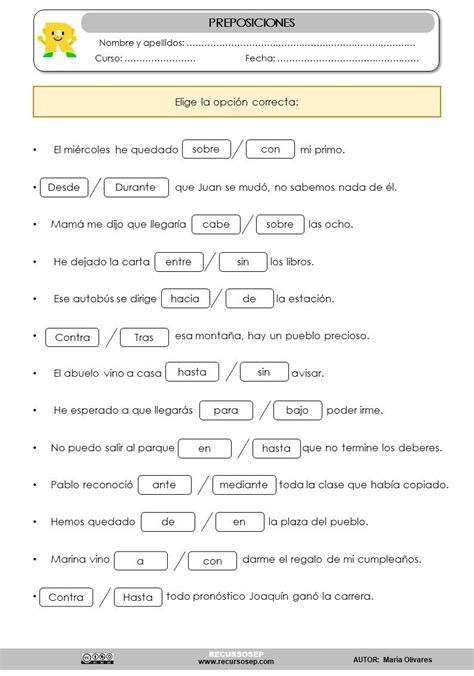 Preposiciones Elige La Opción Correcta Preposiciones Preposiciones