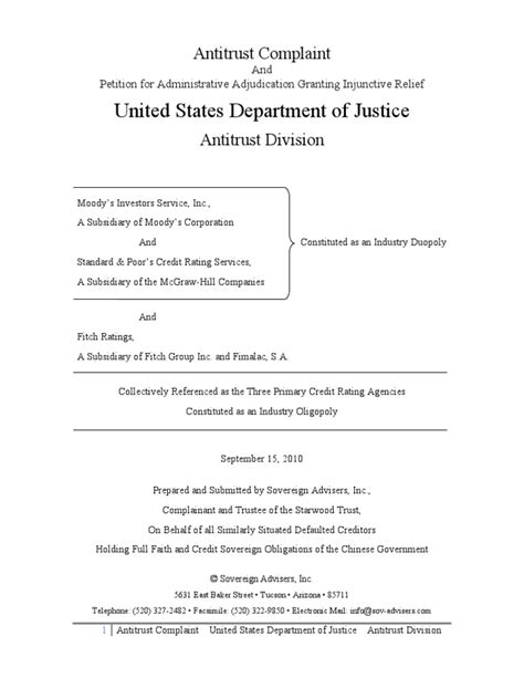 Credit Rating Agencies Antitrust Complaint Pdf Moodys Investors