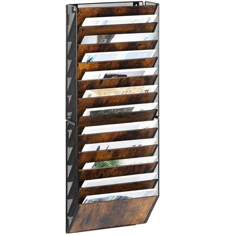 Tqvai 12 Pockets Wall Hanging File Organiser Wooden Magazine Rack A4 Paper Holder Wall Mounted