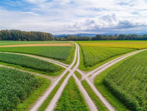 Drone Eye View Diverging Country Roads A Vivid Aerial Perspective Illustrating Choices And