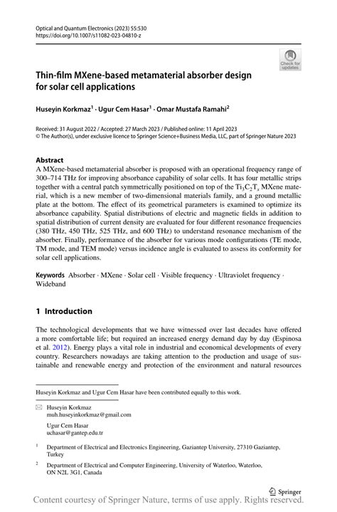 Thin Film Mxene Based Metamaterial Absorber Design For Solar Cell Applications Request Pdf