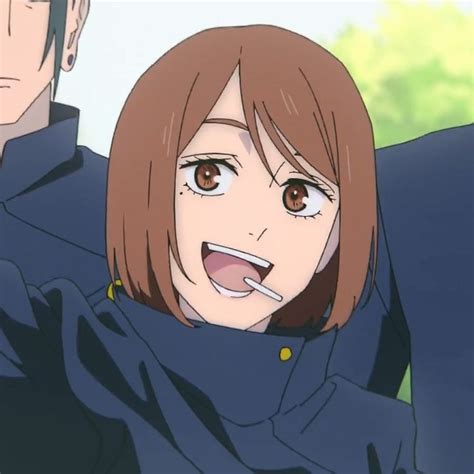 An Anime Character With Long Hair And Brown Eyes Is Holding Something In Her Mouth While Another