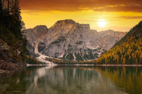 Lago Di Braies Lake And Seekofel Peak At Sunrise Dolomites Italy