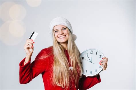 Free Photo Woman In Red With Clock And Card