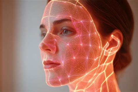 Augmented Reality Overlay On A Womans Face With Red Digital Grid
